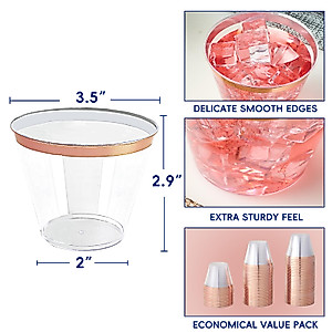 100 Pack Rose Gold Plastic Cups, 9 oz Clear Plastic Cups Tumblers, Elegant Rose Gold Rimmed Plastic Cups, Disposable Cups with Rose Gold Rim Perfect for Wedding, Thanksgiving Day, Christmas Party Cups