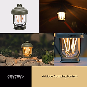 ARROWHEAD OUTDOOR 6-inch LED Camping Lantern, 4 Lighting Modes, USB-C Charging, IP6X, Max. 280 Lumens, Carabiner Included, Army Green
