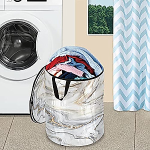 xigua Marble Ink Texture Pop Up Laundry Hamper Bucket Cylindric, Foldable Clothes Bag, Folding Washing Bin,Large Capacity Zipper Lid Laundry Storage Basket
