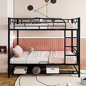 DNYN Twin Over Twin Bunk Bed with Under-Shelf & Ladder for Kids,Adult,Convertible Metal Bedframe,Perfect for Dorm,Bedroom,Guest Room,No Box Spring Needed, Black