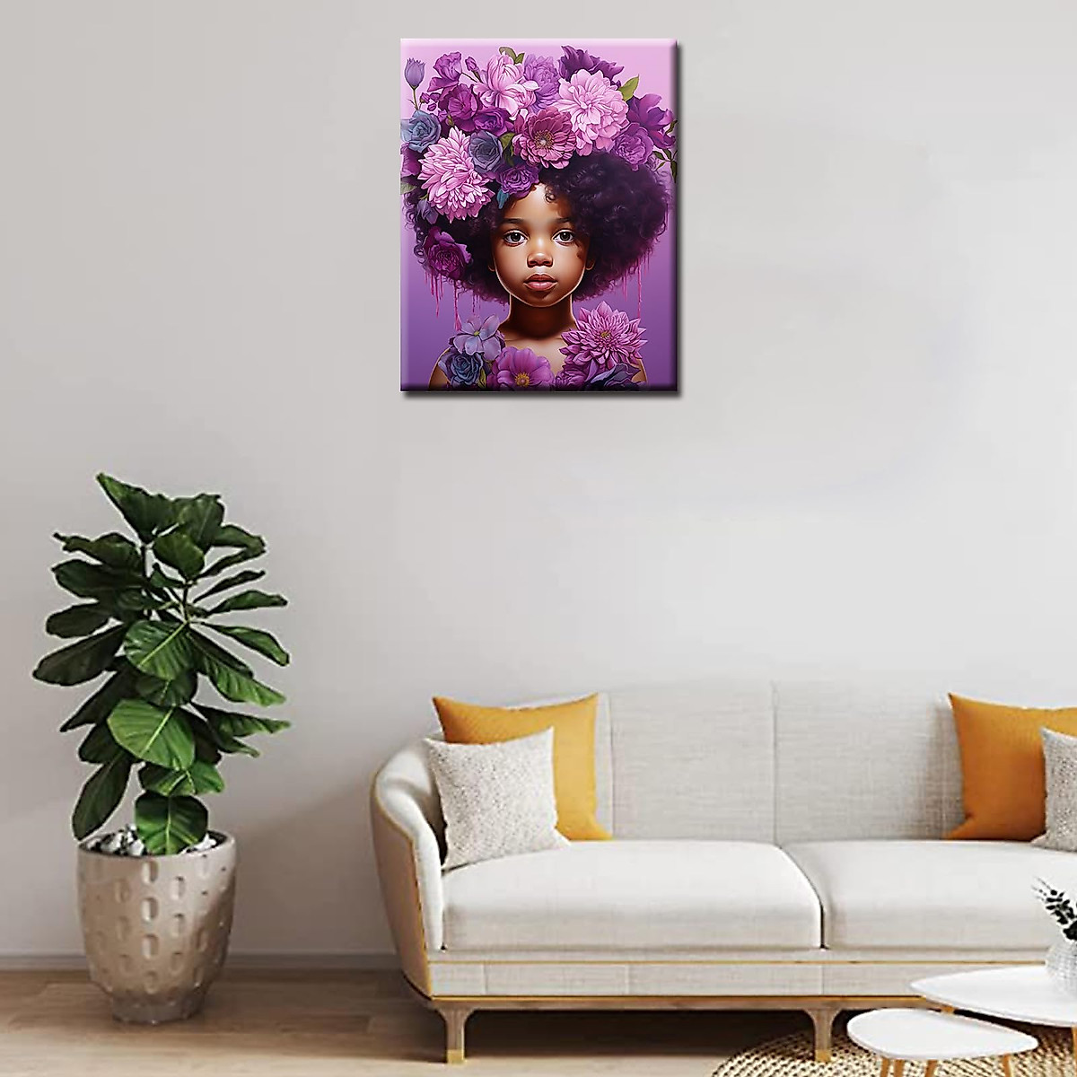 Tucocoo Purple Flowers Paint by Number for Adults, DIY Oil Painting Kits on Canvas with Brushes and Acrylic Pigment, African American Little Girl Portrait Artwork for Home Decor 16x20inch (Frameless)