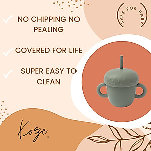 KOZE Toddler Baby Silicone Sippy Cup w Straw | Training Cup, Unbreakable 100% Silicone, Dishwasher Safe, BPA Free, 6 oz, Baby 6+ months Transition | 2-in-1 Acorn BONUS Snack Top!