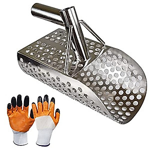 Sand Scoop for Metal Detecting, Stainless Steel with Hexahedron 10mm Holes for Beach Treasure Hunting + Gloves