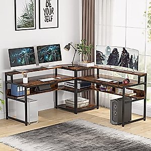 Tribesigns L-Shaped Desk with Storage Shelves, 67" Large Corner Computer Desk with Monitor Stand and Bookshelf, Rustic Study Writing Workstation with Corner Shelf for Home Office