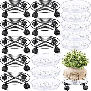 8 Pack Metal Plant Stand Plant Dolly with Wheels Iron Rolling Plant Stand with Casters Heavy Duty Round Flower Pot Rack with 8 Pcs Plastic Saucers for Indoor Outdoor Plant Pot (Black,10.6 Inch)