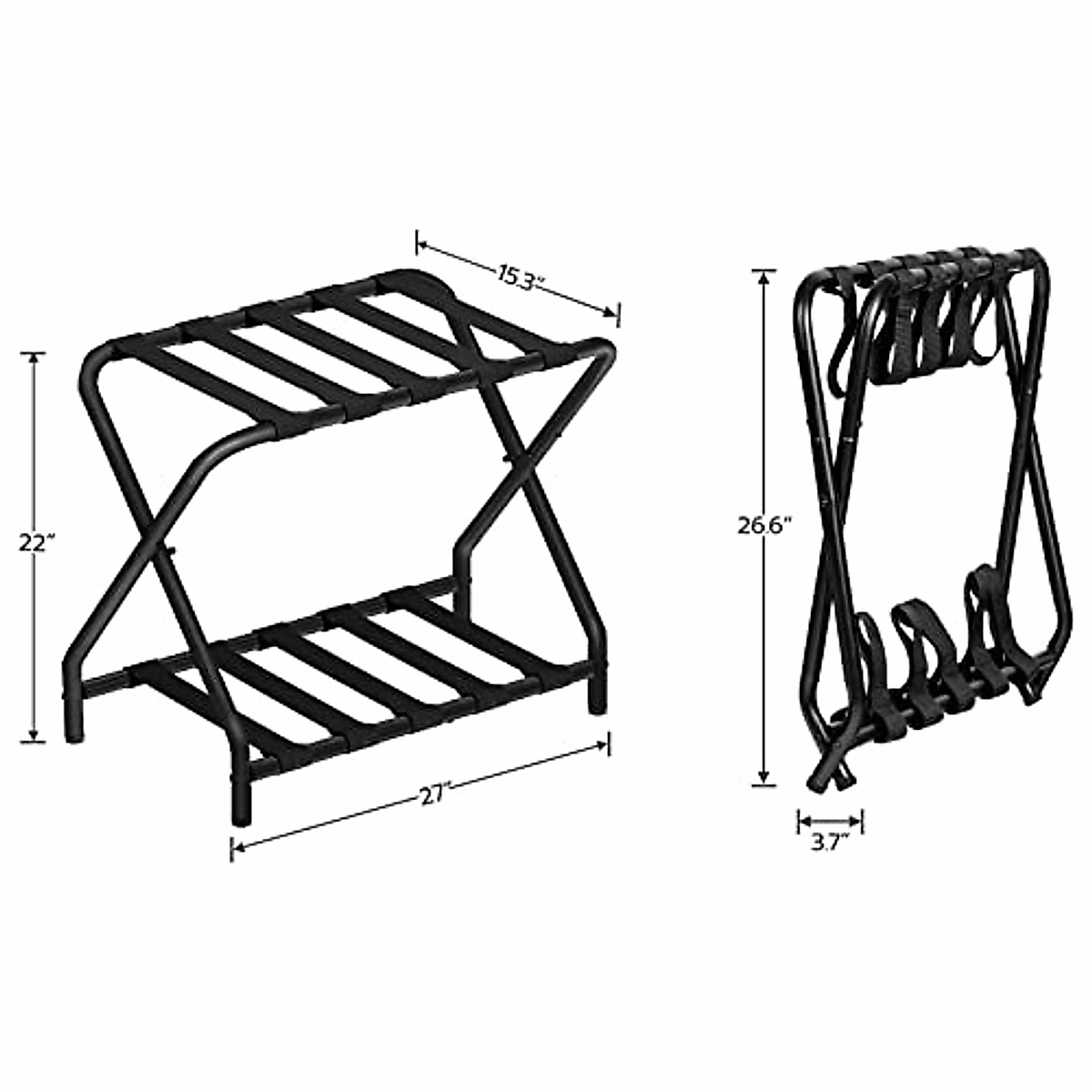 HOOBRO Luggage Racks Set of 2, Folding Suitcase Stand for Guest Room, Metal Luggage Holder with Storage Shelf, Bedroom, Hotel, Black BK03XLP201G2