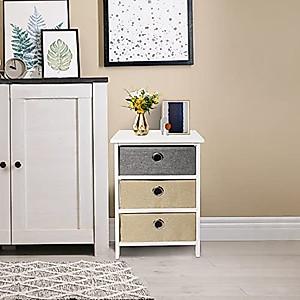 Nightstands Set of 2, with 3 Drawers, Wood Nightstand, Contrasting Colors Fabric Drawers, Easy Assembly Bedside Tables for Bedroom, College Dorm, Sturdy WhiteWood Frame, Wood Top, Easy Pull Handle.