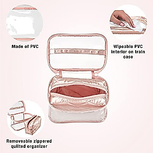 Conair Travel Makeup Bag, Large Toiletry and Cosmetic Bag, Perfect Size for Use At Home or Travel, Two Piece Train Case Set in Rose Pink Metallic Quilt