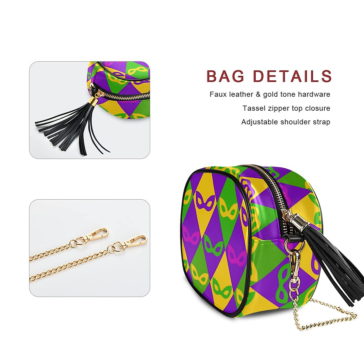 ODAWA Mardi Gras Mask Crossbody Bag Purses Shoulder Bag Soft PU Leather Small Wallet Chain Strap Bag for Women