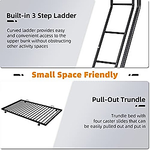 Dolonm Twin Over Full Bunk Bed with Trundle, Metal Bunkbed with Textilene Safety Net and Guardrail, Heavy Duty Bed Frame for Kids Teens Adults, No Box Spring Needed, Black