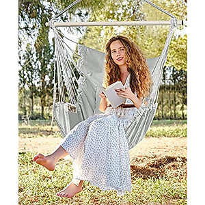 Jelofly Hammock Chair Oversized Hanging Rope Swing Seat Chair with Pocket Max 350 Lbs Superior Comfortable for Indoor Outdoor Home Bedroom Garden, Seat Cushions Not Included (Light Grey)