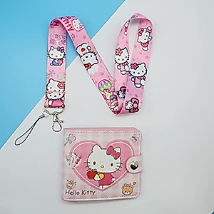 Kawaii Kitty Cat Badge Wallet with Lanyard, ID Card Holder Purse Pouch with Buckle, Wallet Durable Card Holder Credit Card Holder Money Bag for Students Teens Girls Boys