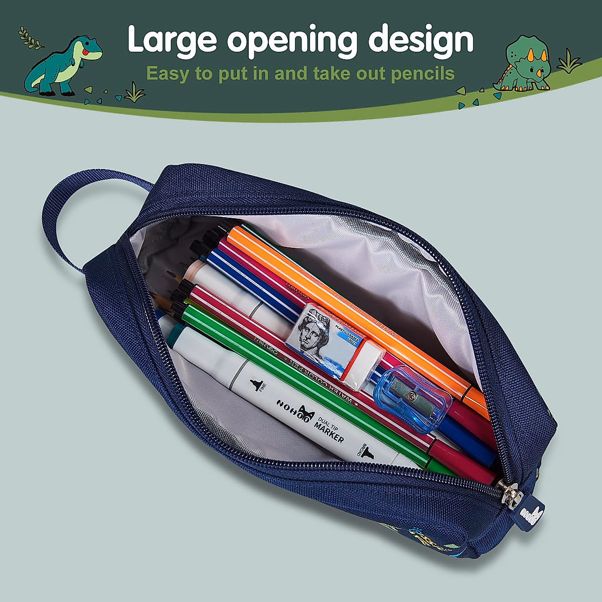 NOHOO Pencil case, funny Animal Print Pencil bag for kids, Large Lightweight Portable pencil pouch with Zipper for Girls Boy Students Teens Adults School office Travel Holder Box -Dinosaurs