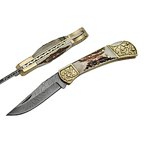 SZCO Supplies DM-1163 Damascus Steel Fancy Folding Knife with Stag Handle Damascus Steel Knife
