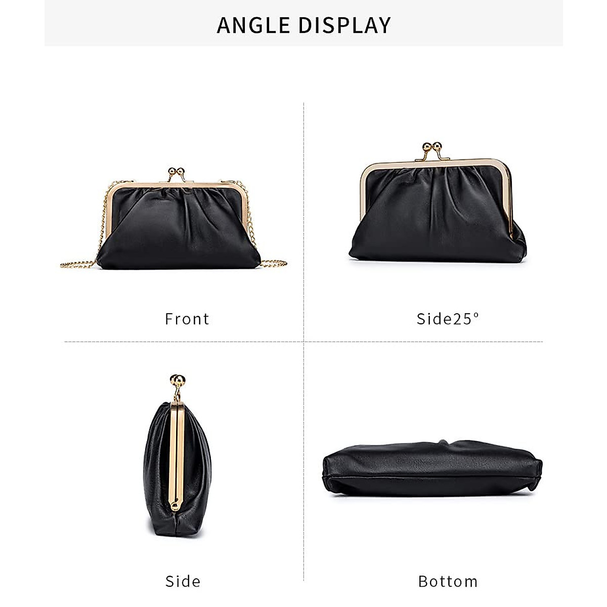 Vintage Genuine Leather Women Clip Bag Kiss Lock Clutch Purse Chain Crossbody Bags Small Evening Bags (Wine Red)