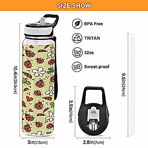 Fustylead Ladybugs and Flowers 32oz Water Bottle with Straw, Leakproof Clear Sport Water Bottles for Gym Camping Hiking Travel