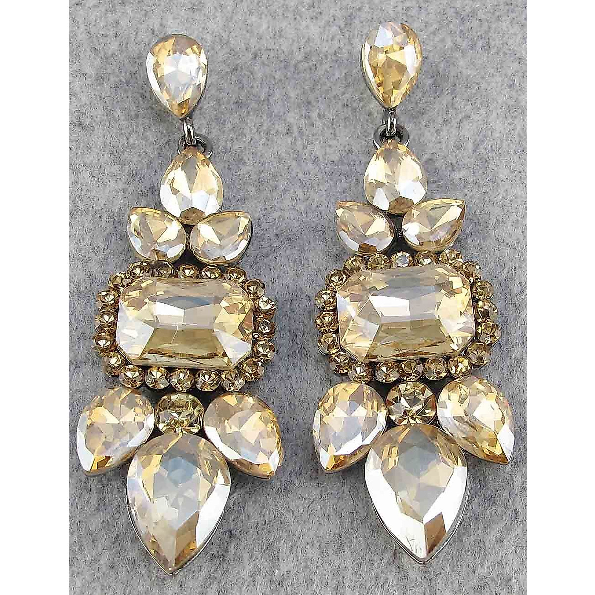 Large Art Deco Antique Vintage Style Gold Brown Amber Topaz Citrine Statement Rhinestone Earrings