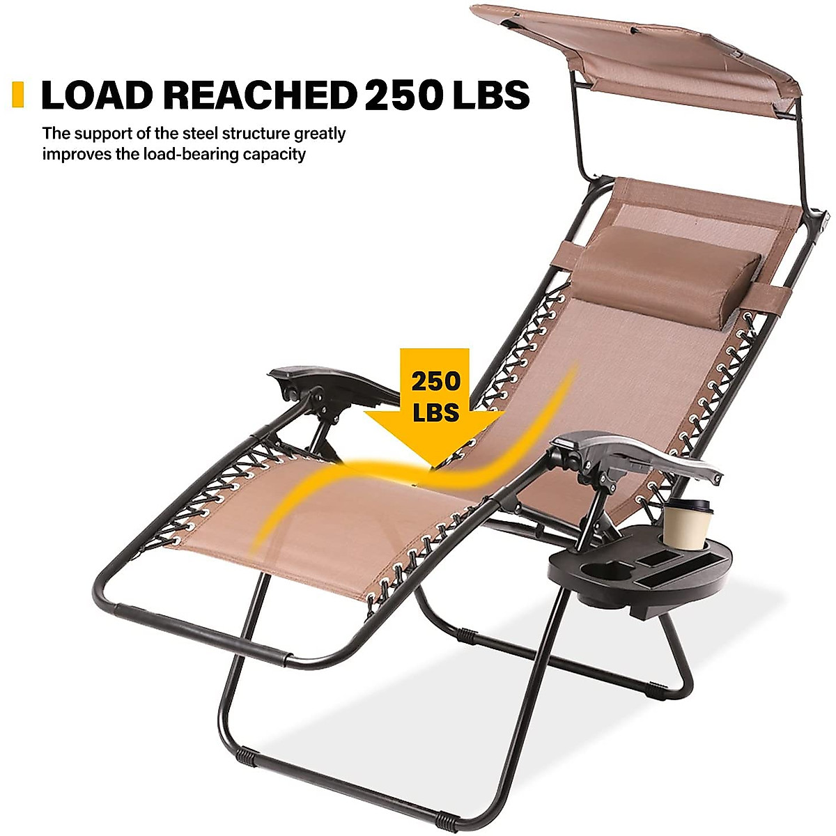 BMS Lounge Chairs with Canopy Cup Holder for Patio Balcony Poolside, Brown