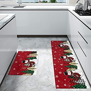 Miaklek Christmas Kitchen Rugs Set of 2 Anti Fatigue Mats for Kitchen Floor Cushioned Kitchen Rugs and Mats Non Slip Kitchen Runner Comfort Standing Mat, Cute Snowman Xmas Tree Winter Snowflake Red