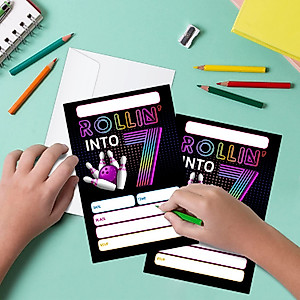 WUINCK 7th Birthday Party Invitations Cards, Roller Bowling Birthday Party Invitations for Kids, Boys and Girls, Neon Bowling Birthday Party Celebration Supplies, 20 Invitation with Envelopes - 0063