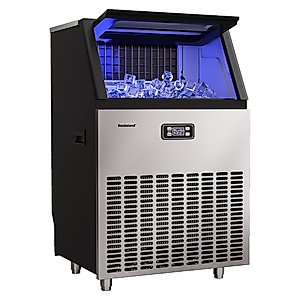 RESTISLAND Commercial Ice Maker Machine, 200 lbs/24 Hours, 48 lbs Storage Bin, Stainless Steel, Blue Light, Freestanding, Great for Home or Business, Includes Ice Scoop, Connecting Hose