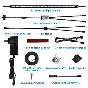 Litever LED Safe Lighting Kit. Door Control Activated. 6 pcs Slim 12 inch Light Bars. Linkable Extendable Plug-in for Gun Safe, Closet, Showcase, in-Cabinet Under Counter Pantry. Daylight 5000K