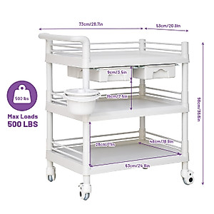 biosp Medical Trolley 3 Tier 500 Lbs Heavy Duty Professional Utility Cart Spacious Beauty Salon Rolling Trolley with 360°Rotate Wheels, Dirt Bucket & Drawer for Hospital Dental Clinic, White