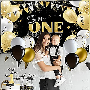 Boys 1st Birthday Decoration Mr. Onederful Birthday Party Supplies 1st Happy Birthday Backdrop Photography Background with Balloons for Baby Toddler Little Man First Birthday Decor (Black and Gold)