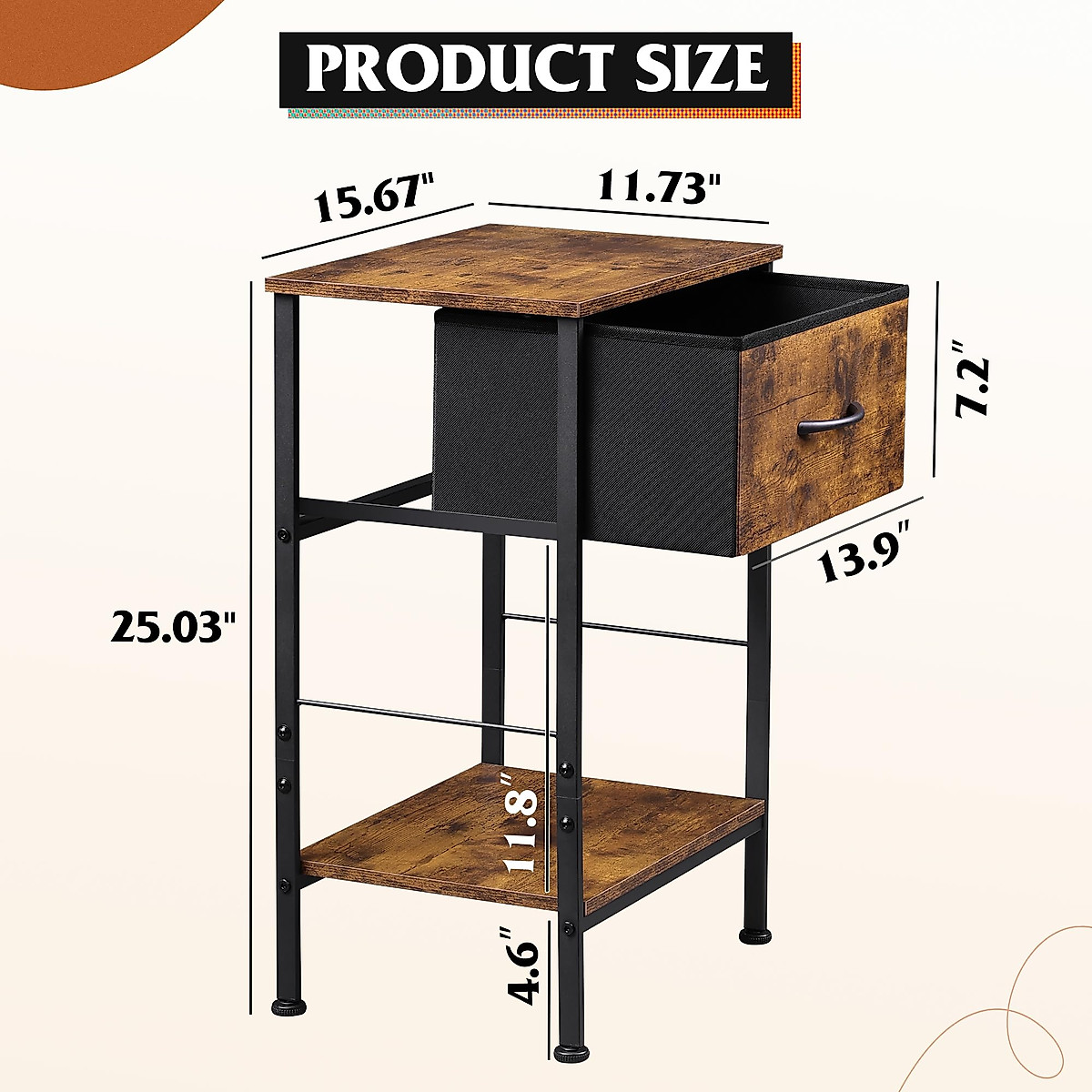 WLIVE Nightstand, Bedside Side Table for Bedroom, Dorm with Steel Frame, Night Stand End Table with Fabric Storage Drawer, Easy Assembly, Rustic Brown Wood Grain Print, 11.73''D 15.67''W 25.03" H