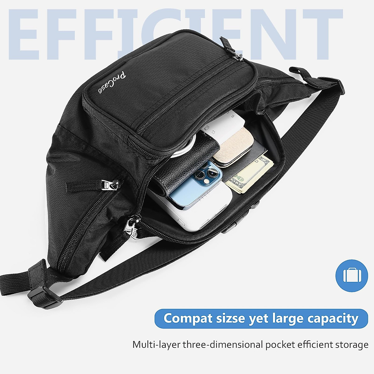 ProCase Fanny Pack Waist Packs for Men Women, Waist Bag Hip Pack for Travel Hiking Running Outdoor Sports -Black, M