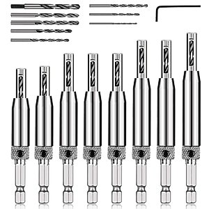 VTOSEN 17pcs Self Centering Drill Bit Set, High Speed Steel Hinge Tapper Core Drill Bit Set with 1 Hex Key & 8 Drill Bits 5/64-1/4”, Adjustable Door Drill Bits for Woodworking Window Door Hinge
