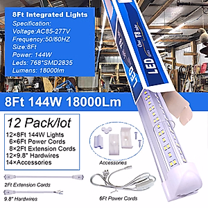 8Ft Led Shop Lights,8 Feet 8' V Shape Integrated LED Tube Light,144W 18000lm Fluorescent Clear Cover Linkable Surface Mount Lamp,Replace T8 T10 T12 Fluorescent Light Cooler Door Freezer Fixture