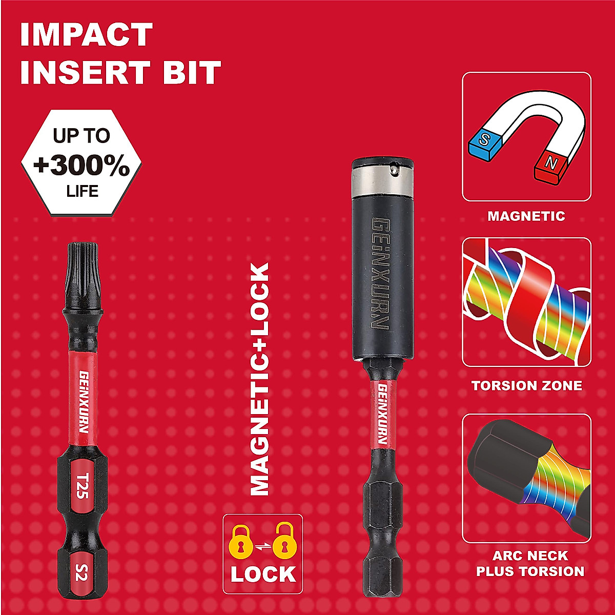 GEINXURN 50 Pieces T25 2 In. Impact Tough Magnetic #25 Torx Head Power Bits, S2 Alloy Steel T25 Screwdriver Bits Set with 1Pcs Impact Bit Holder