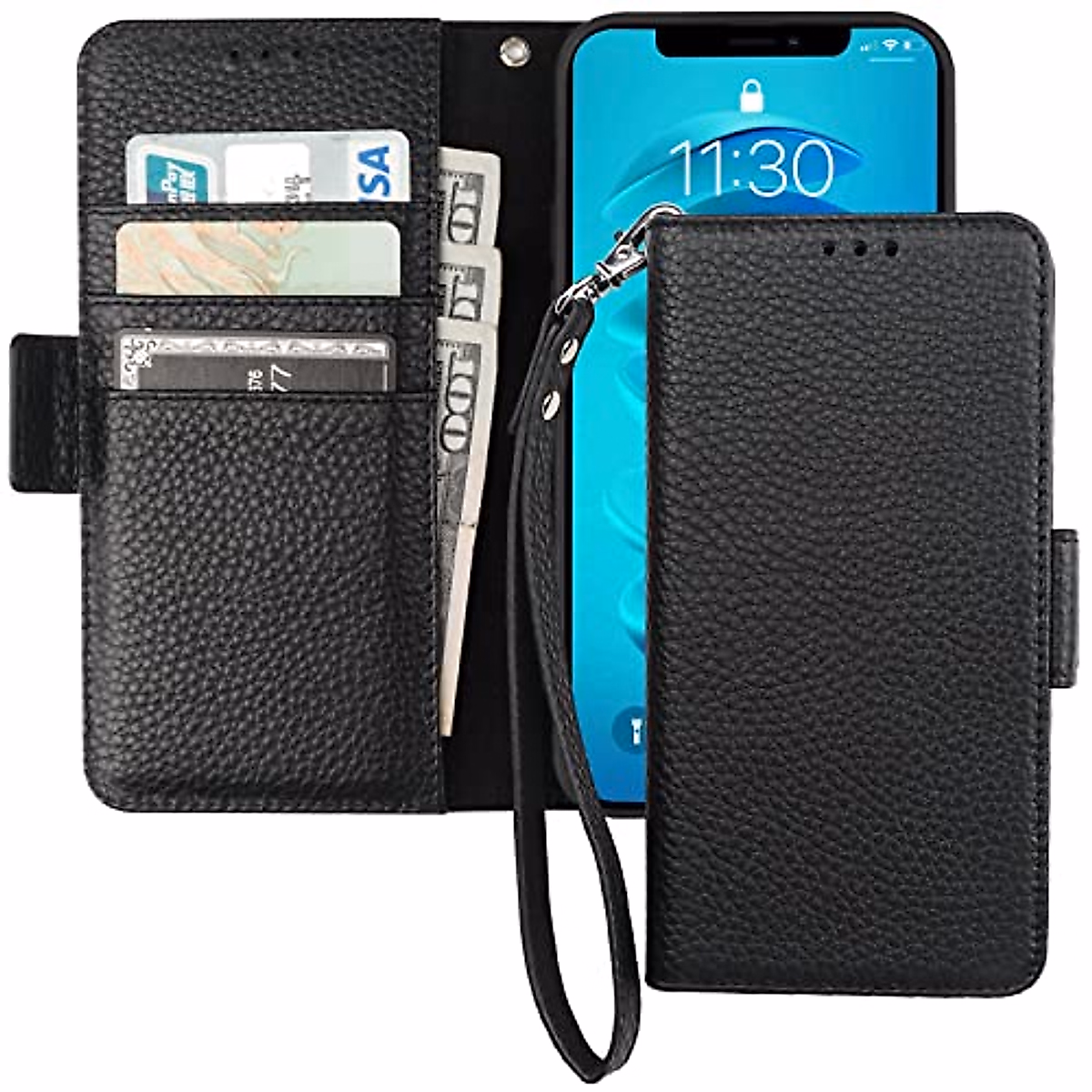 Bocasal Wallet Case for iPhone 14 Pro 5G, Genuine Leather Support Wireless Charging RFID Blocking Flip Case Card Slots Holder, Kickstand Book Folding Folio Cover with Wrist Strap 6.1 Inch(Black)