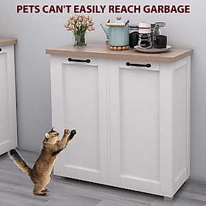 Prapark White Double Tilt Out Trash Cabinet - Kitchen Garbage Can Free Standing Holder with Negative Ion and Deodorizing - Accommodates 2 x 10-Gallon Trash Cans - Tilt Out Laundry Hamper Cabinet