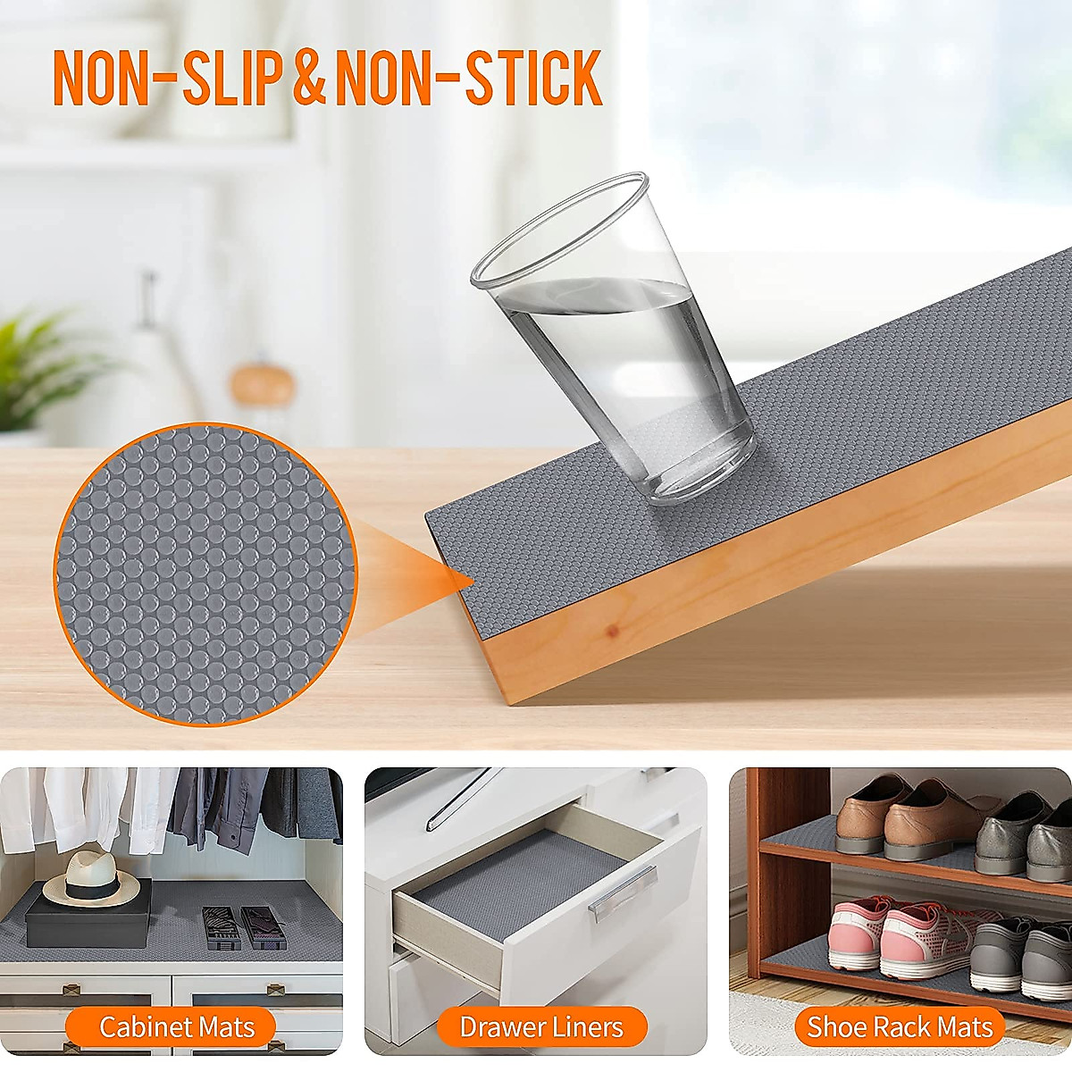Shelf Liners for Kitchen Cabinets Non-Adhesive, Drawer Mats Liner for Bathroom, Plastic Pantry Shelf Liner Non Slip, Waterproof Washable Cabinet Protector Liners for Shelves, Cupboard Liner Gray
