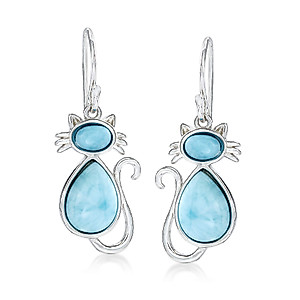 Ross-Simons Larimar Cat Drop Earrings in Sterling Silver