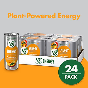 V8 +ENERGY Peach Mango Energy Drink Made with Real Vegetable and Fruit Juices, 8 FL OZ Can (4 Packs of 6 Cans)