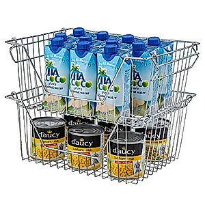 Slideep Large Stackable Storage Baskets Cabinet Organizer Sturdy Metal Wire Pantry Freezer Bin for Pantry Home Bathroom Kitchen Organization 4 Packs