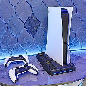 Q-View Vertical Stand for use with PlayStation 5, 4 in 1 Docking Station, Controller Charger, Cooling Fan and Games Storage Tray Compatible with PS5 Console, Disk and Digital Version