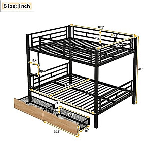 SIYSNKSI Full Size Convertible Bunk Bed with 2 Drawers, Metal Bunk Bed Frame with Ladder and Safety Guardrail for Kids Teens Boys Girls Bedroom, No Box Spring Needed