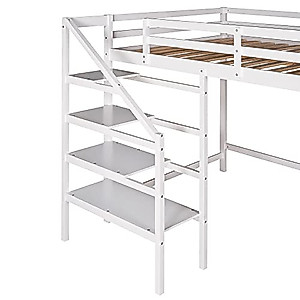Harper & Bright Designs Full Size Loft Bed with Stairs and Hanging Rod, Wooden Full Loft Bed Frame with Storage Shelf, High Loft Beds for Kids Boys Girls Teens Dorm Bedroom (Full, White)