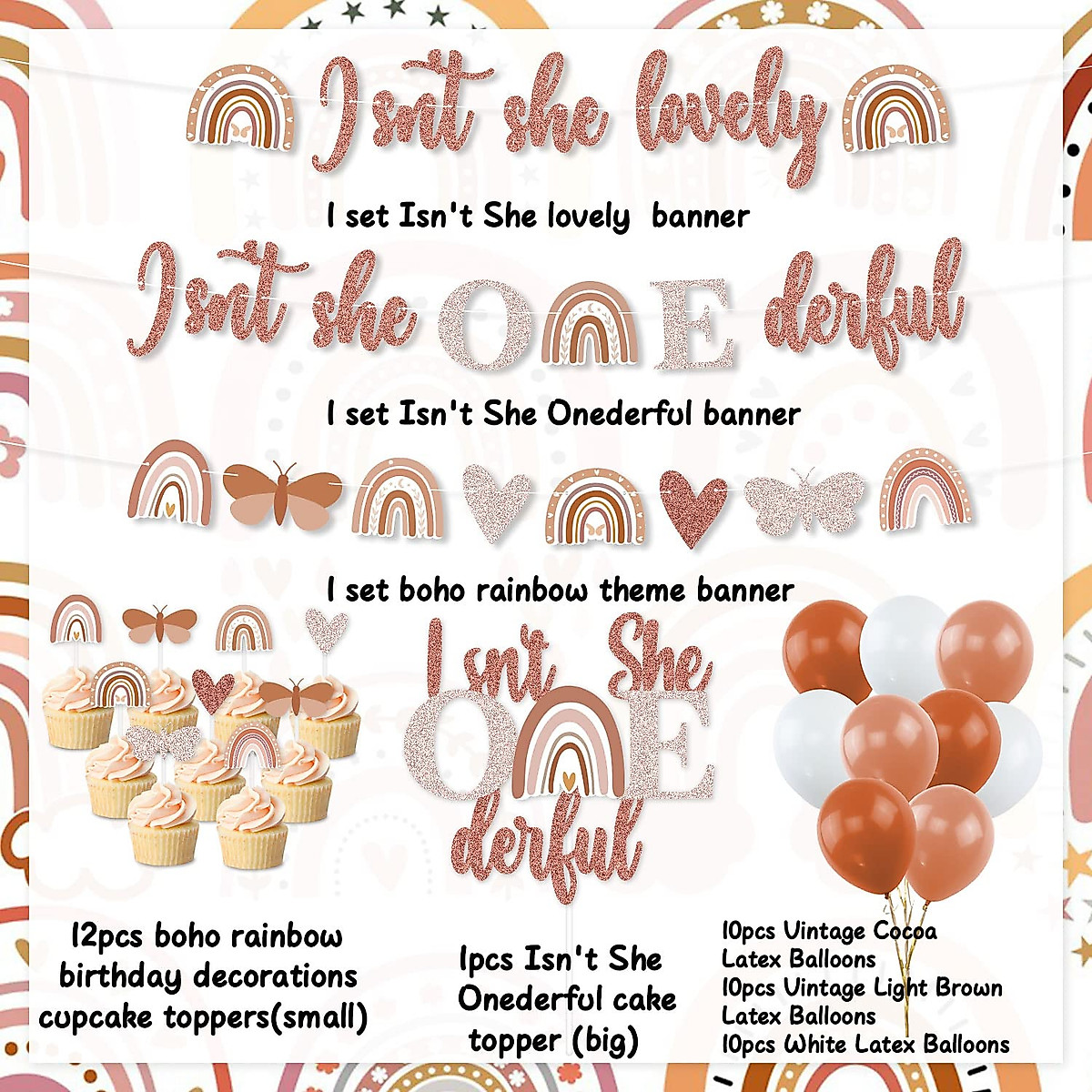 Boho Rainbow 1st Birthday Decorations,Boho First Party Decorations Isn't She Lovely and Isn't She Onederful Banner Cake Toppers and Balloons for Boho Theme Party First Birthday Girls