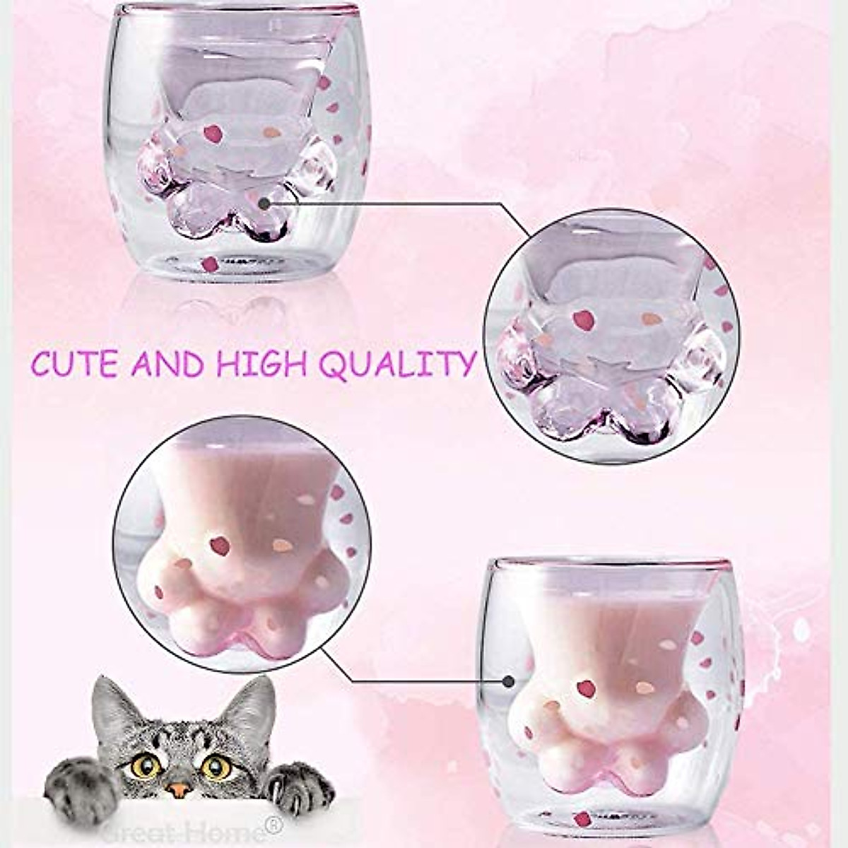 windosier Coffee Mugs,Cute Cat Mugs,Cat Paw Cup Sparks Claw Glass Double Wall Cat Coffee Mugs Cat Foot Milk Glass Sakura Cup Gift for Coffee Tea