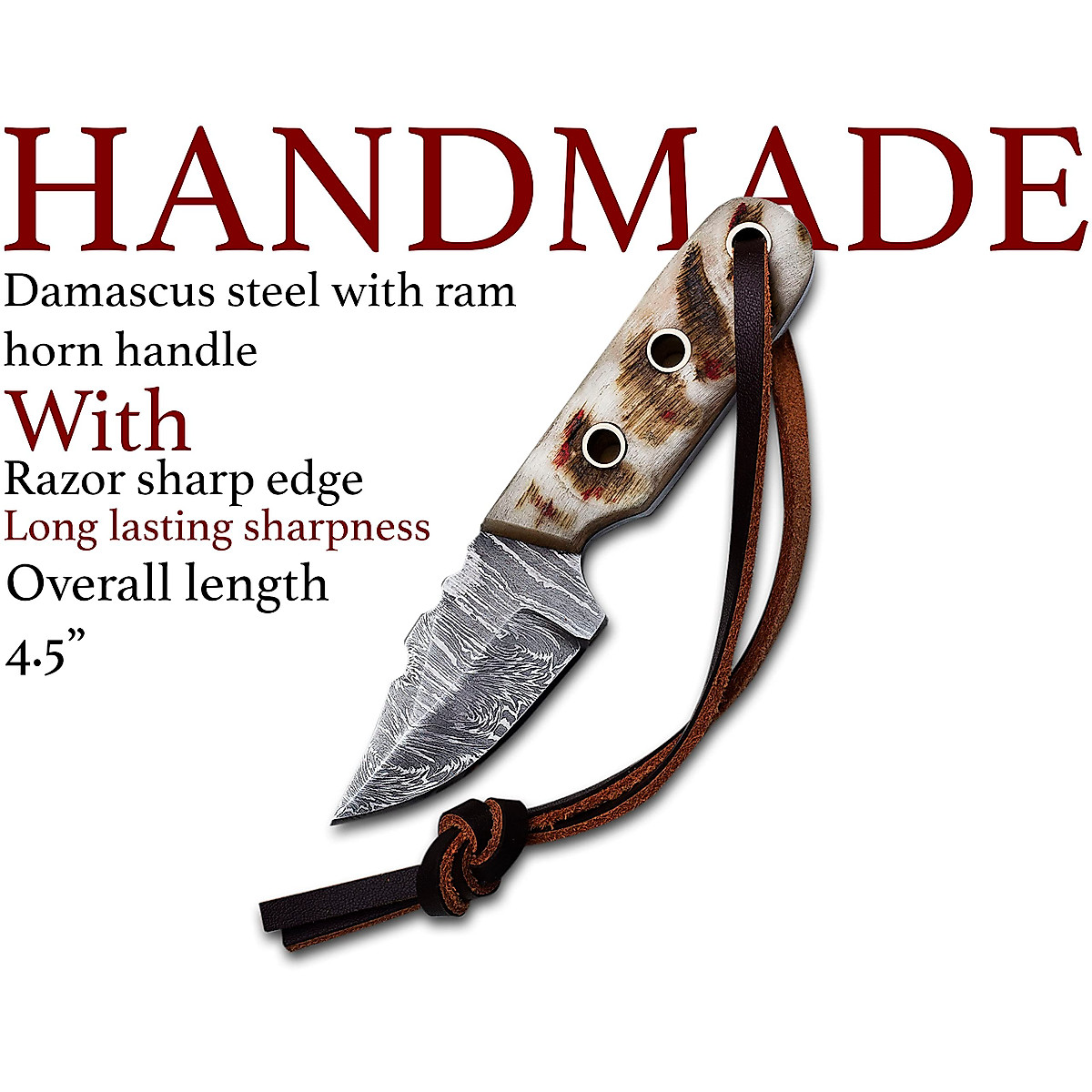 MEDIEVAL SUPPLIES Damascus Steel EDC Knife 4.5inch Fixed Blade Mini Knife Skinning,Survival,Camping and Outdoor Enthusiasts Natural Handle and Leather Sheath Brand By Medieval supplies (RAM HORN)