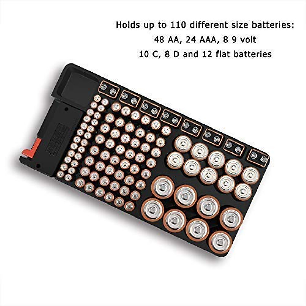 ANLIZN The Battery Storage Organizer Case and Battery Tester with No Lid, for Drawer Design, Holds 110 Batteries Various Sizes for AAA, AA, 9V, C, D and Button Battery