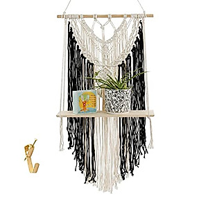 PlanterSam Macrame Wall Hanging with Removable Shelf - 100% Cotton Hanger for Indoor Plants - Aesthetic Room Decor and Hardware Included (Black)