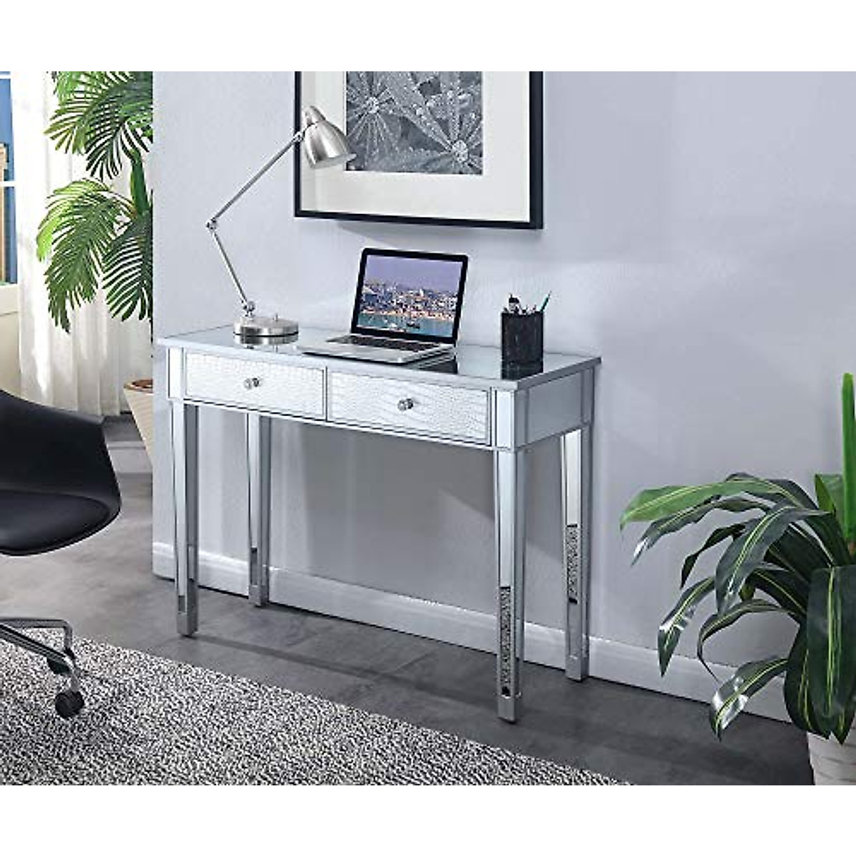 Convenience Concepts Vanity, Gold Coast Desk, Silver Faux Croc/Silver/Mirror