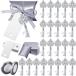 100 Sets Key Bottle Openers Vintage Skeleton Key Bottle Opener Wedding Party Favor with Pillow Candy Box Escort Tag Cards and Satin Ribbon Souvenir Gift for Guests Wedding Gifts, Antique Silver