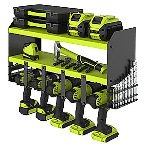 S SKSTYLE Power Tool Organizer - 5 Drill Holder, Wall Mount Shelf, Drill Shelf, Tool Shelf, Jobber Bit Workshop Rack - Premium Garage Storage & Organization, Cordless Drill Charging Station, Green